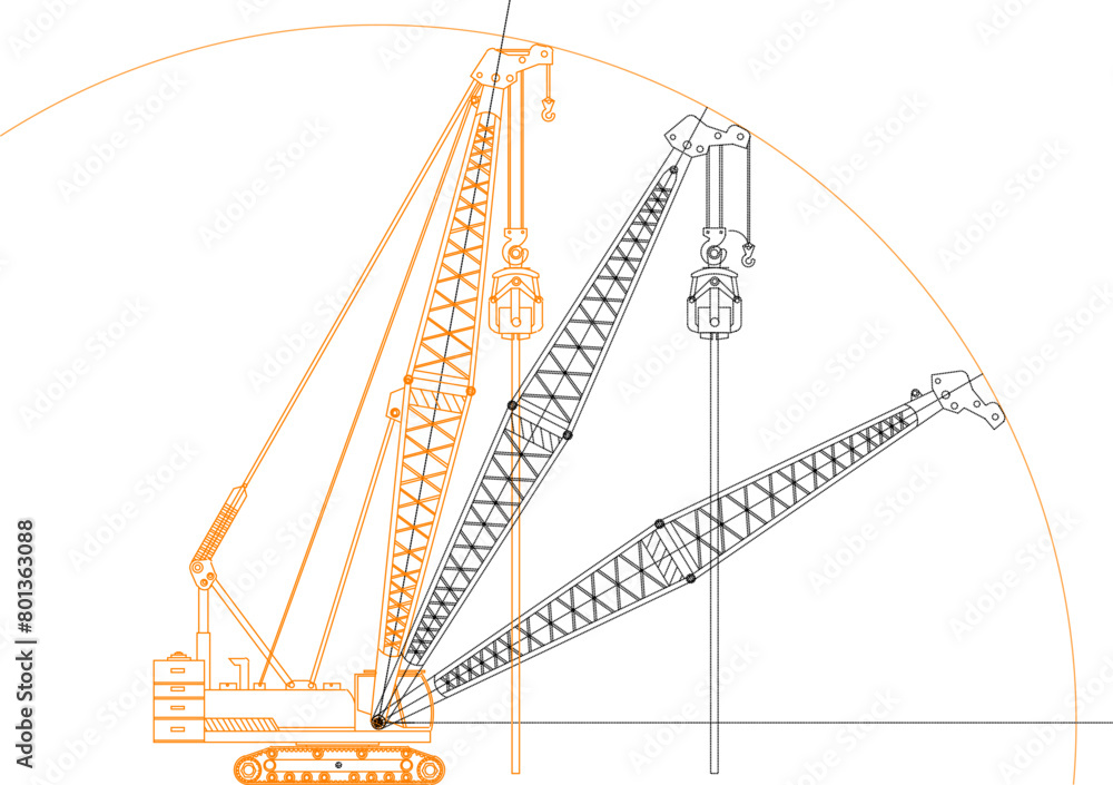Vector sketch, detailed illustration of tower crane heavy equipment car ...