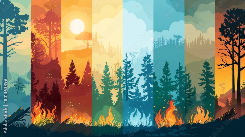 Graphic illustration of a forest cycle from growth to wildfire. Nature ...