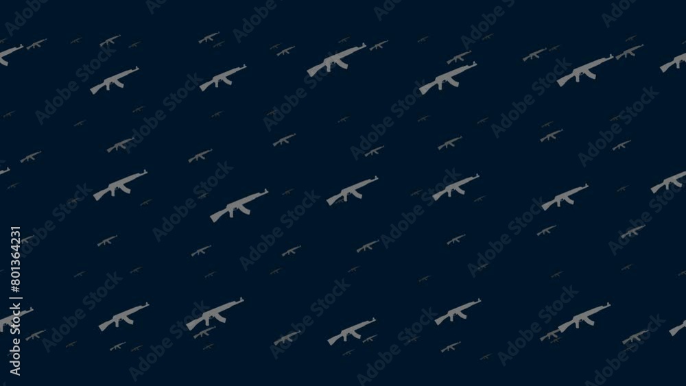 Assault rifles float horizontally from left to right. Parallax fly ...