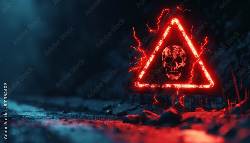 A red and black warning sign with a skull and lightning bolt symbol ...