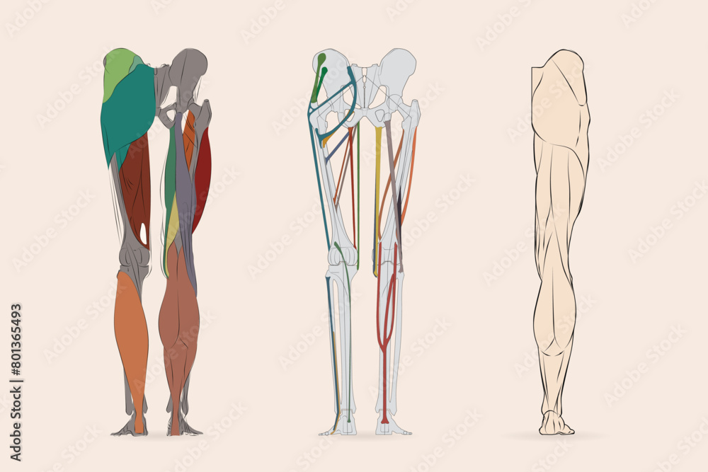 A detailed image showing leg bones, leg muscles and tendons on the back ...
