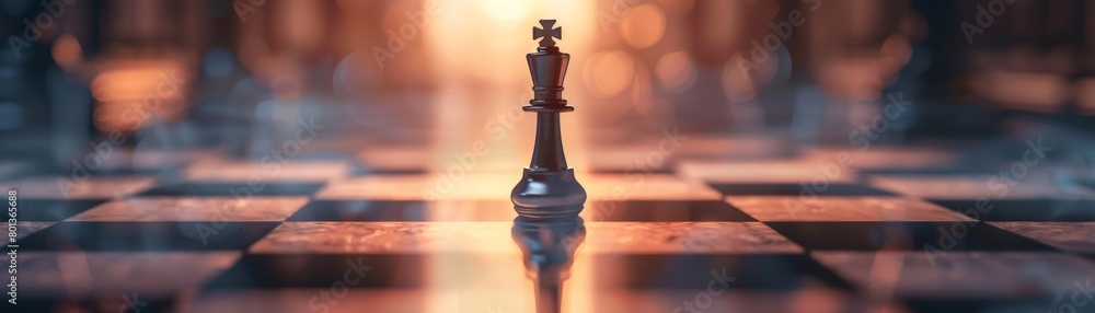 A single, sharp chess piece king in the center of the frame, the ...