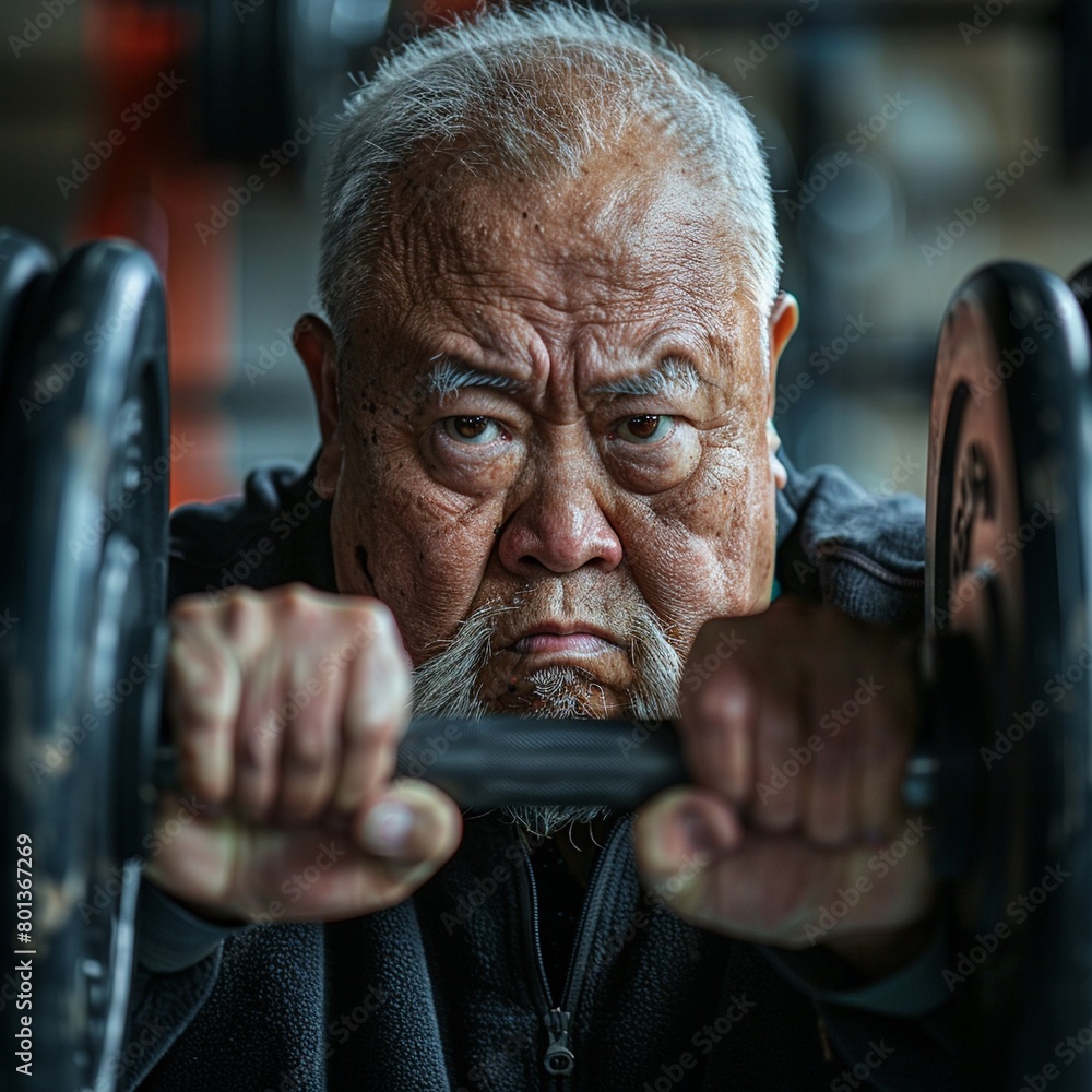 Obese old man struggling to lift weights, determination in his eyes 8K ...