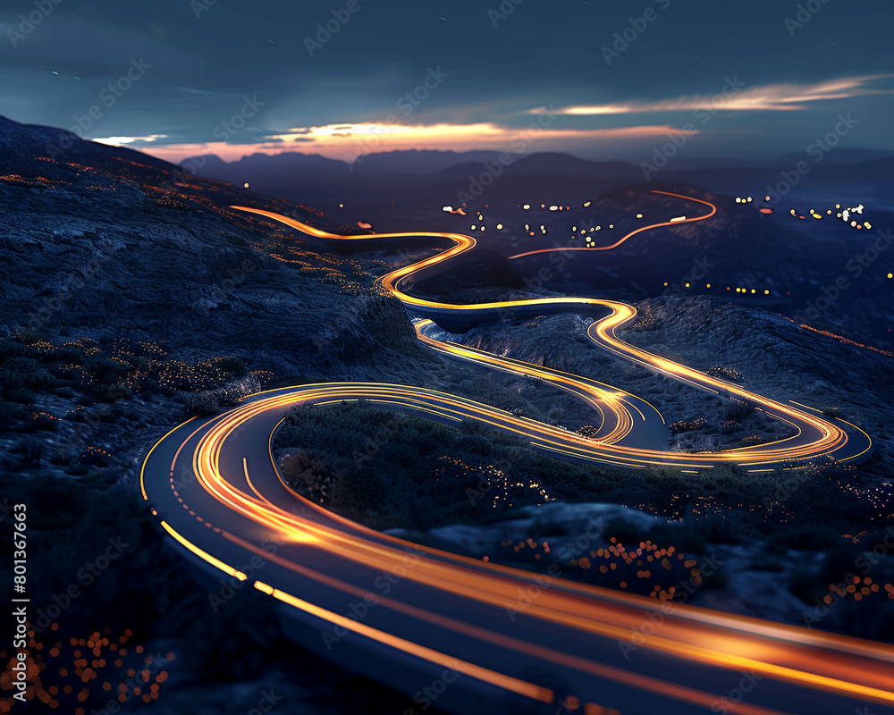 Dynamic visual of a road splitting into multiple paths, with one ...
