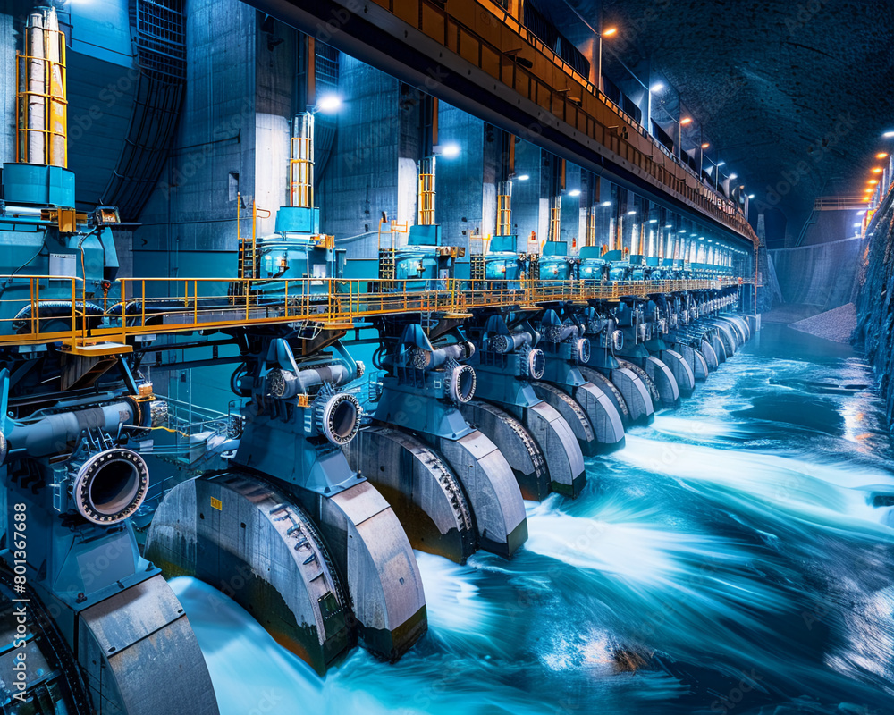 Panoramic inside look at a high-tech dam, water turbines and electrical ...