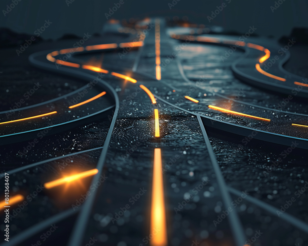 Dynamic visual of a road splitting into multiple paths, with one ...