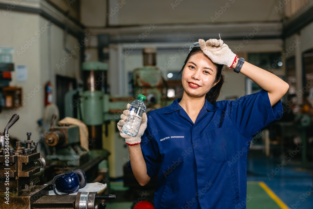 thirsty tired worker happy smiling drinking water relax rest at hot workplace metal workshop ...