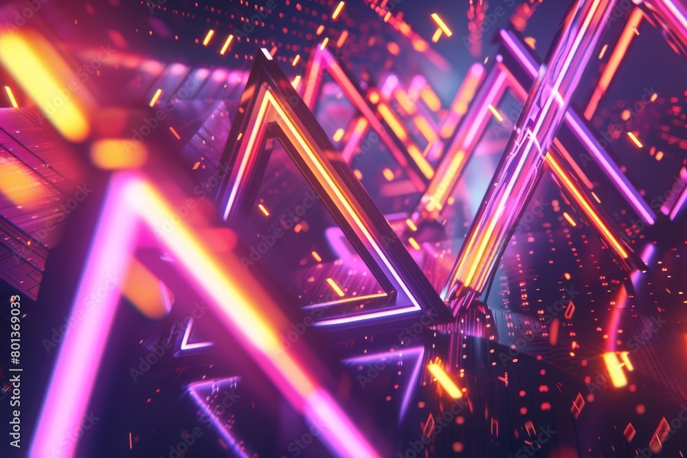 Geometric shapes like diamonds and arrows rendered in glowing neon ...