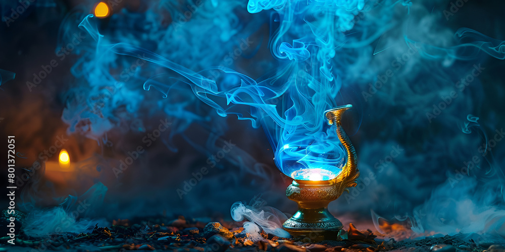 Aladdin s tale magic lamp with blue smoke Genie embodies wishing luck and magic Stock ...