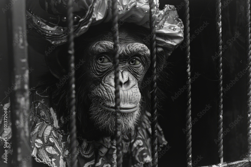 A detailed drawing of a monkey in a jester's outfit, performing tricks ...