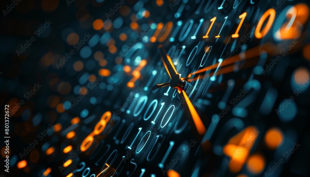 A digital clock face reimagined with cascading lines of binary code ...