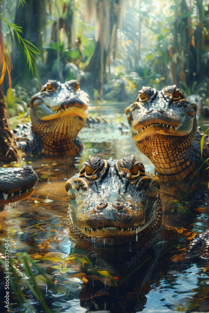 An illustration showing a group of Gharials in a riverine habitat ...