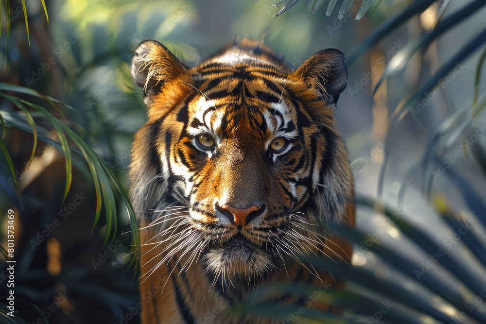 An artistic depiction of the Malayan tiger in a jungle-like habitat ...