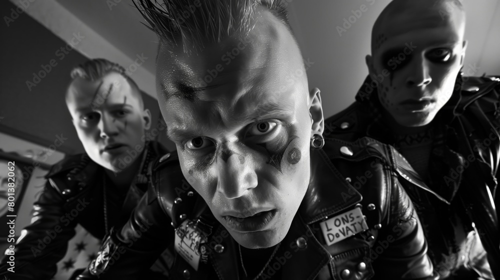 Intense portrait of three punk rockers with dramatic facial expressions ...
