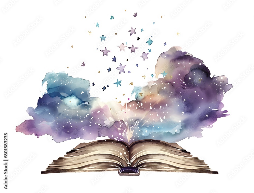 watercolor open book with dreamy cloud and galaxy, clipart white ...