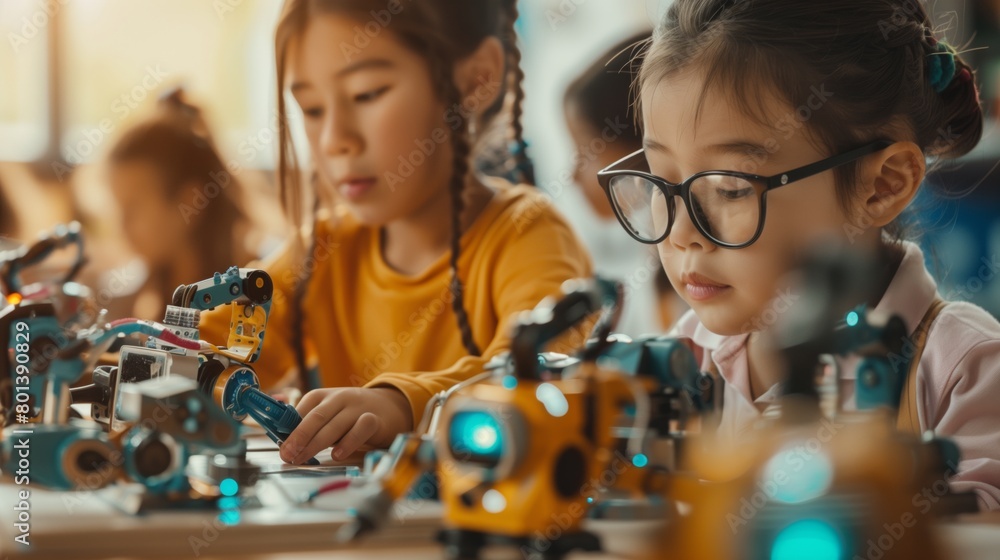 Focused young Asian girls studying robotics in a classroom, working on ...