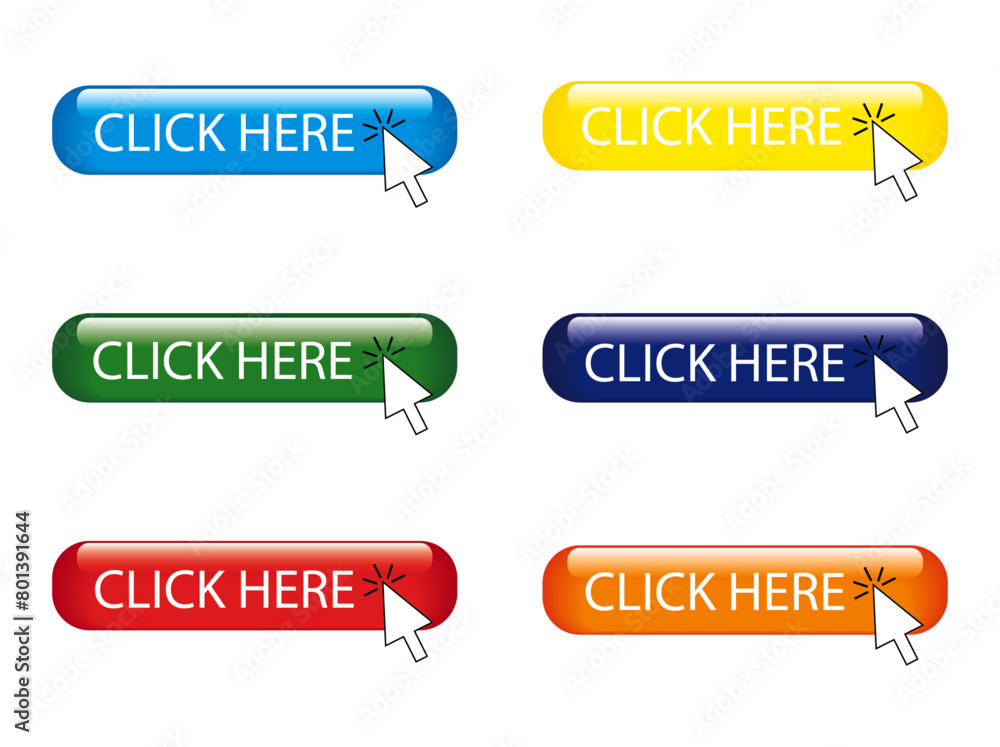 Click here colorful buttons with arrow pointer clicking icon. Set of 3d glossy call to action ...