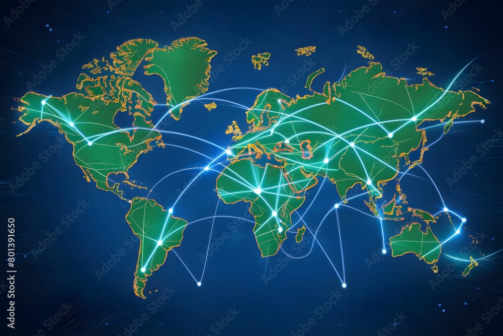 Vibrant digital world map with green lights and blue lines, on deep ...