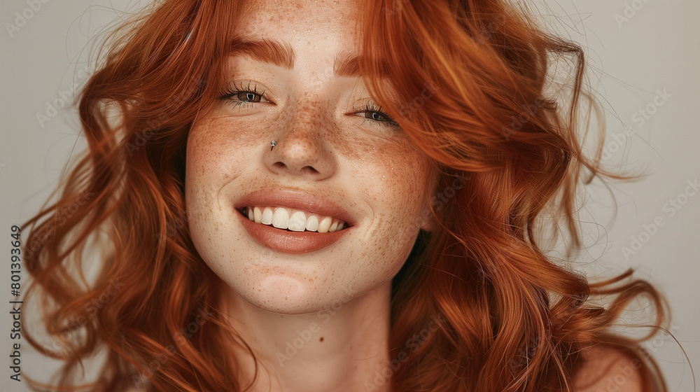 Portrait of a model with freckles and bold makeup, exuding retro charm ...