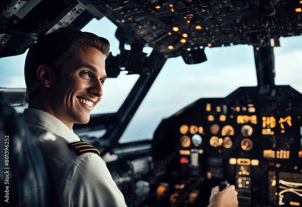 'pilot smiling looking cockpit camera flight captain aerodrome ...