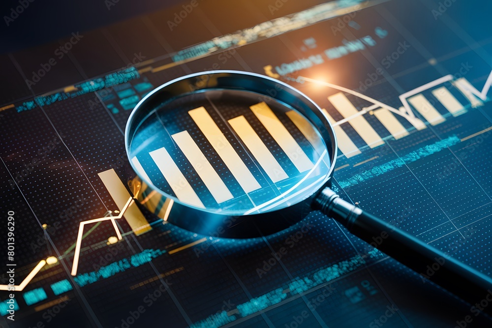 Magnifying glass on digital interface enhancing bar chart with shades ...
