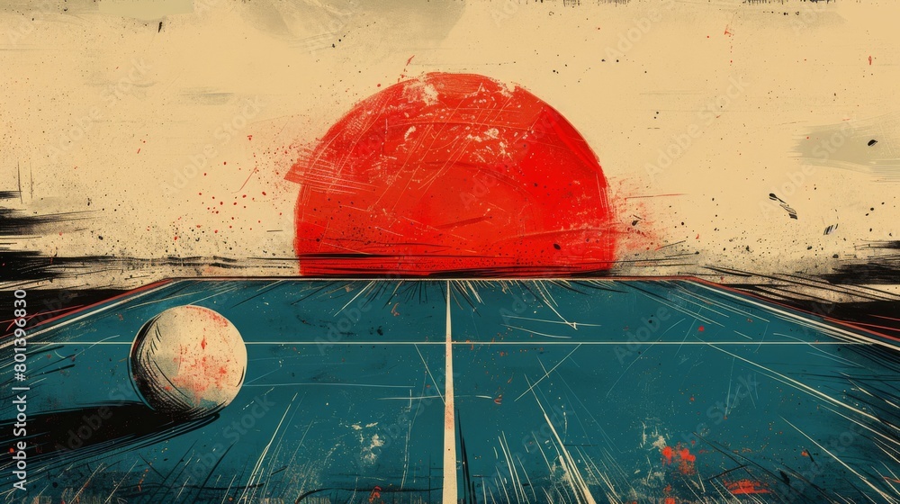 Vintage-style 2D illustration of a ping-pong championship poster, with ...