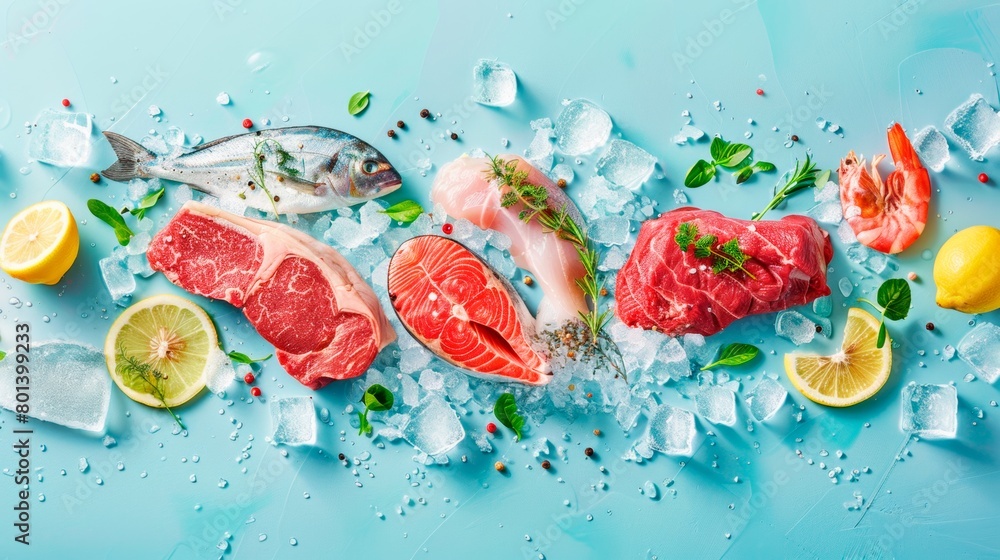 Different types of meat source of protein on a blue background and ice ...
