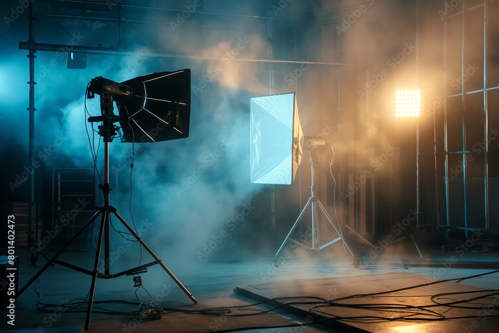 Professional lighting gear is showcased with atmospheric mist on a ...