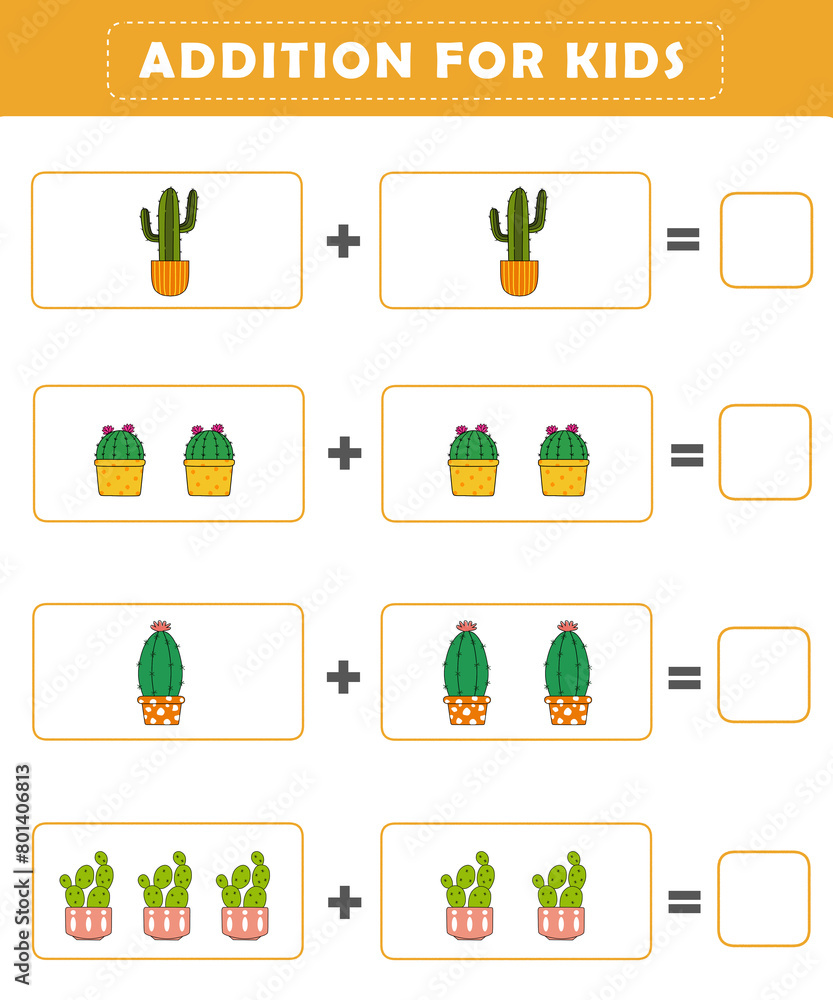 Preschool addition worksheet with cute cactus illustration. Math ...