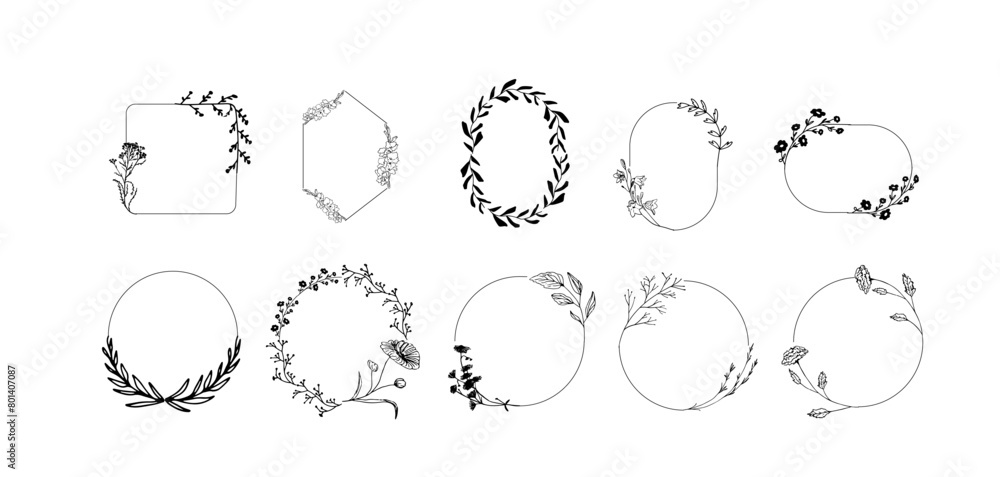 Botanical circle frame. Hand drawn round line border, leaves and ...