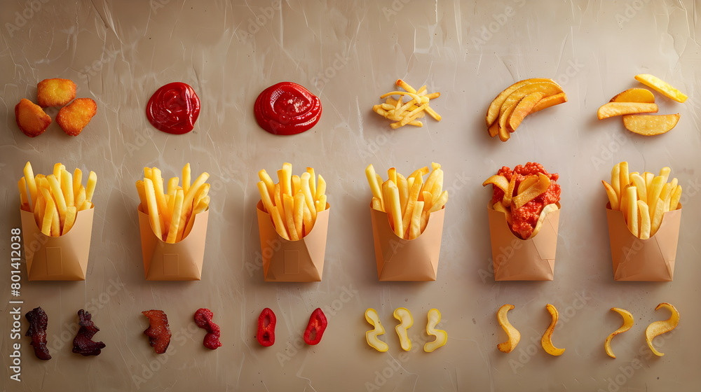 Set of French fries in cardboard packages with ketchup, top view ...
