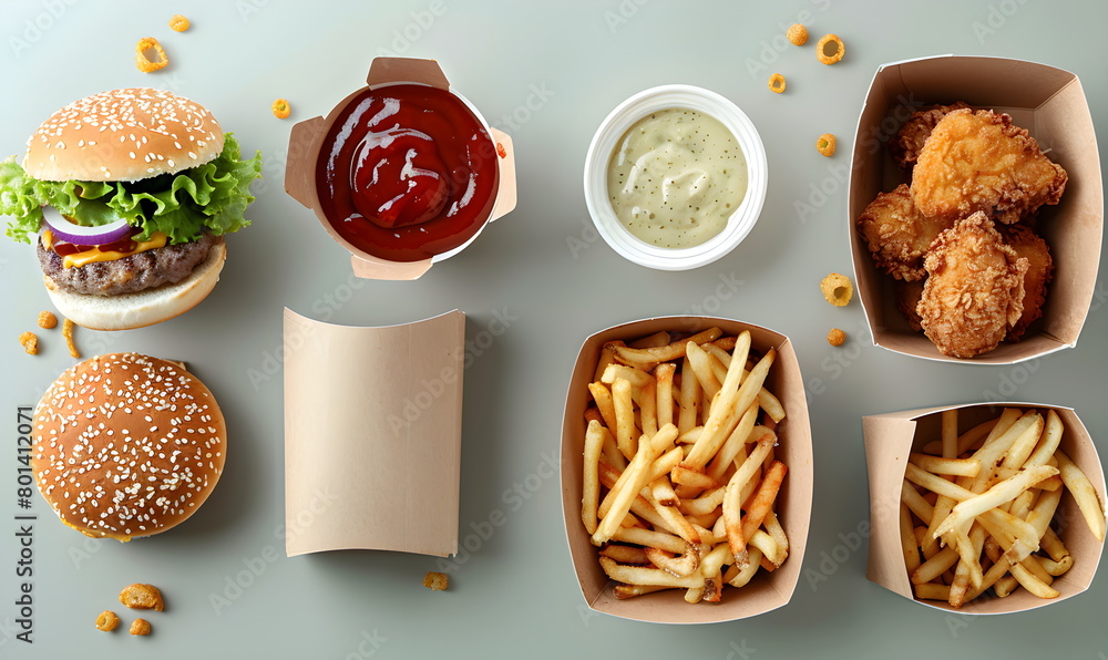 Fast food in takeaway containers, hamburgers, fries, chicken wings ...