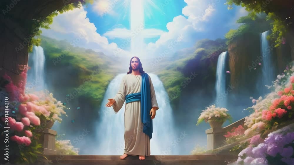 Vidéo Stock Jesus Christ's welcome at the gate of the garden of heaven ...