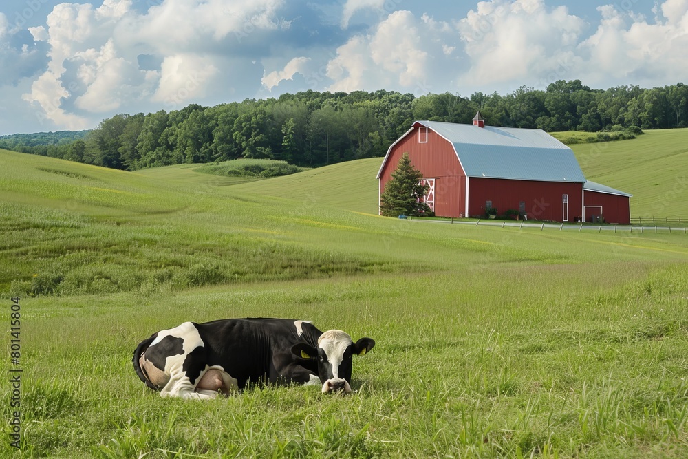 A contented cow lying in a green pasture, chewing cud with a ...