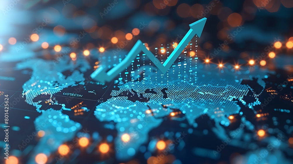 An abstract financial design featuring a world map in light blue tones ...