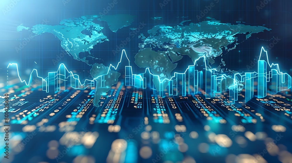 An abstract financial design featuring a world map in light blue tones ...