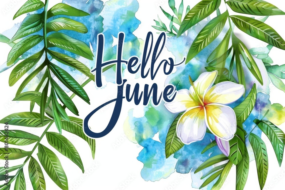 Watercolor summer splash with "Hello June" and plumeria flowers on ...