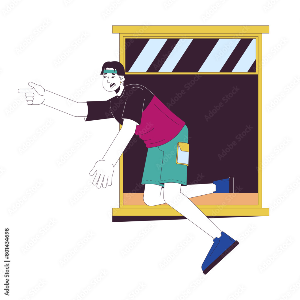Careless asian man falling out of window 2D linear cartoon character ...