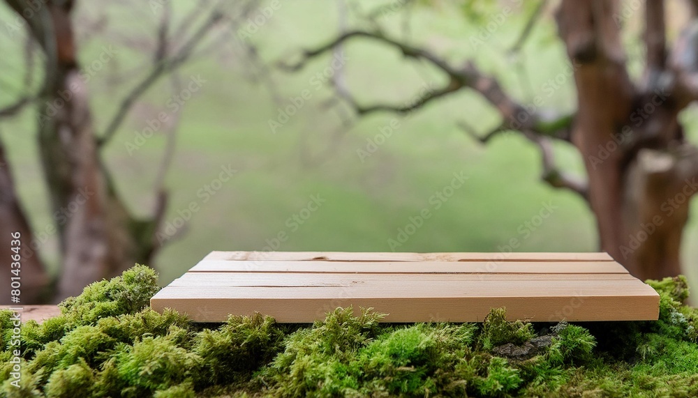 wooden podium tabletop blurs the green backdrop green moss thrives on ...