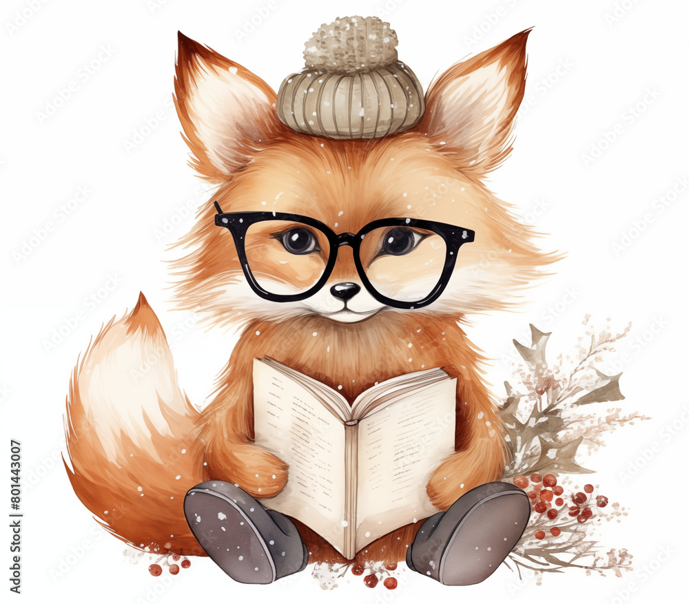 Cute smart fox with glasses and woolly hat reading a book. An animal ...