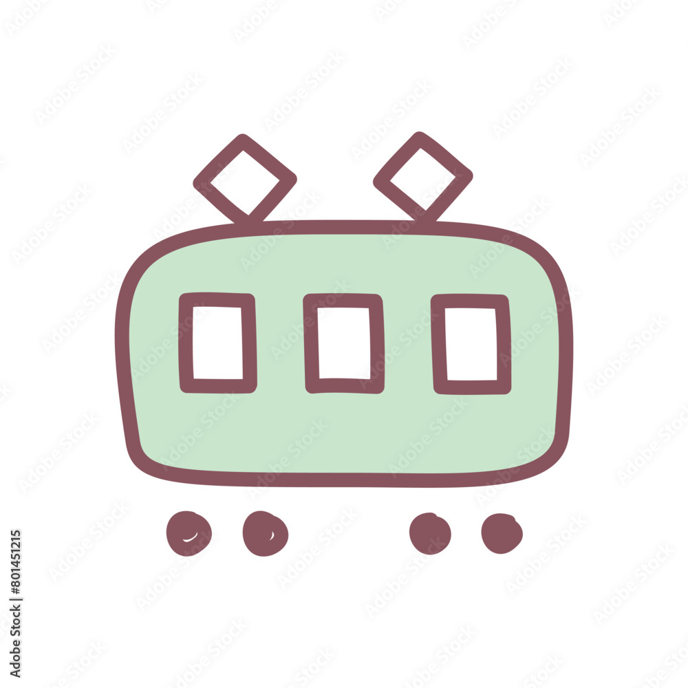 Cute tramway icon. Hand drawn illustration of a green tram streetcar ...