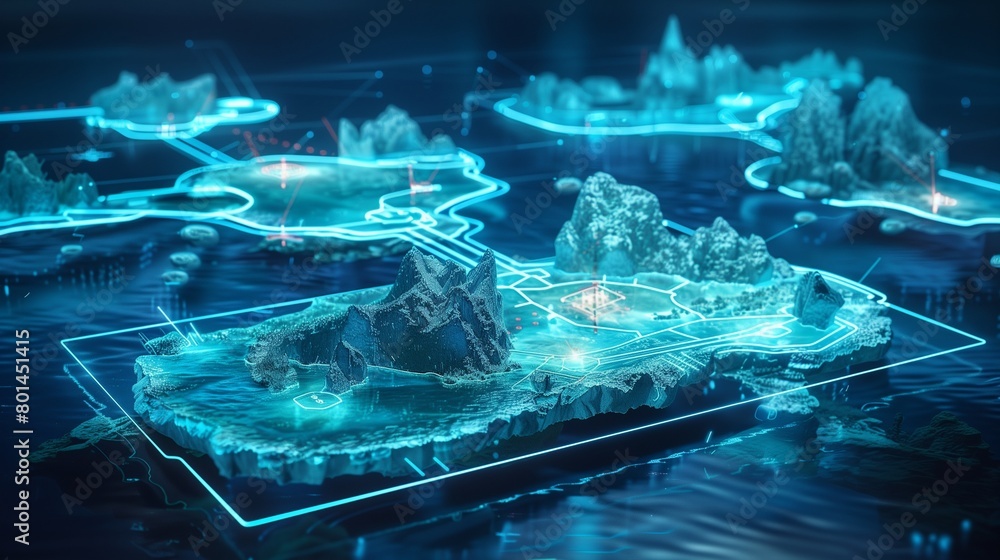 Advanced hologram map projecting 3D islands from a digital ocean, with ...