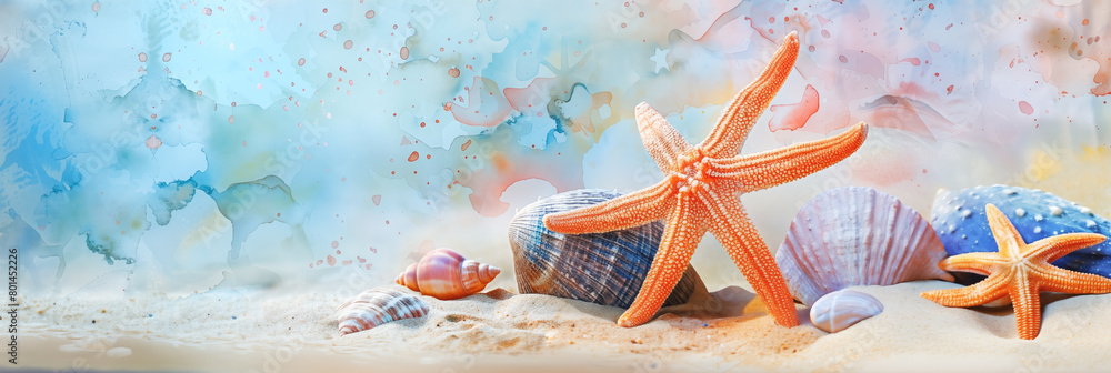 Watercolor illustration of beach scene with starfish, shells, and ...