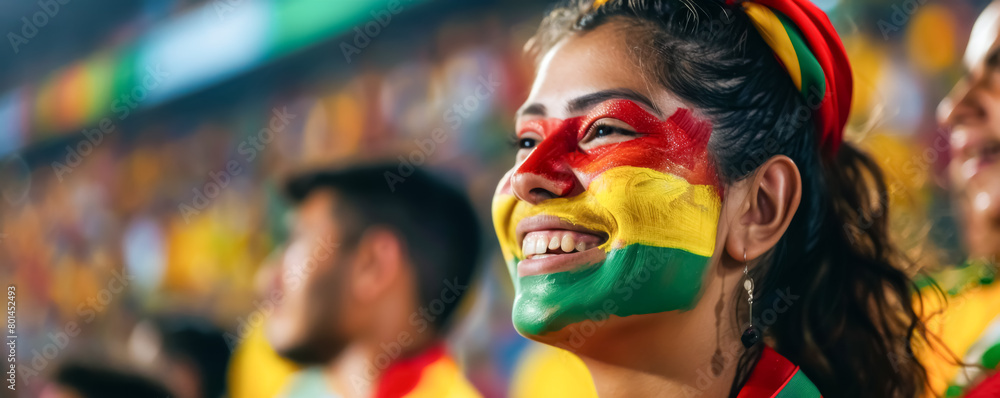 Happy Bolivian female supporter with face painted in Bolivian flag ...