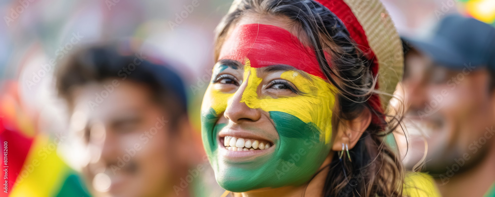 Happy Bolivian female supporter with face painted in Bolivian flag ...
