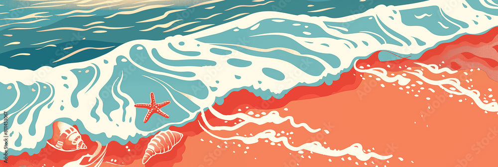 Colorful beach with waves, starfish, and shells on sandy shore ...