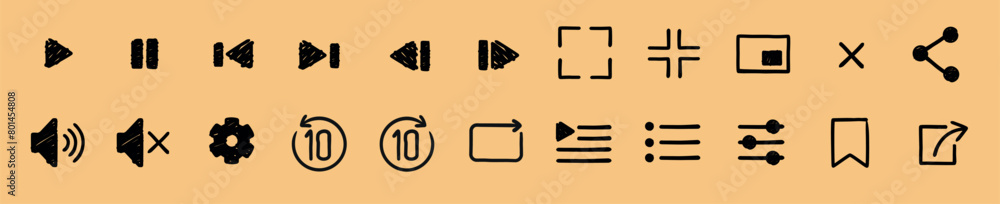 Freehand drawn video player icons. Media player vector icons collection ...