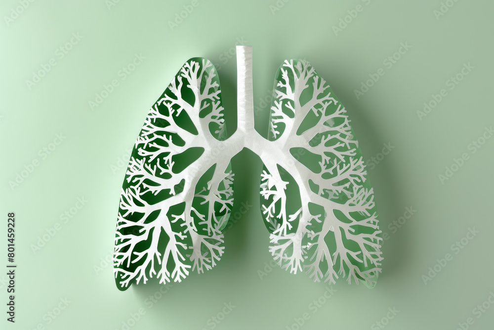 White paper cut art style human lungs shape on light green background ...