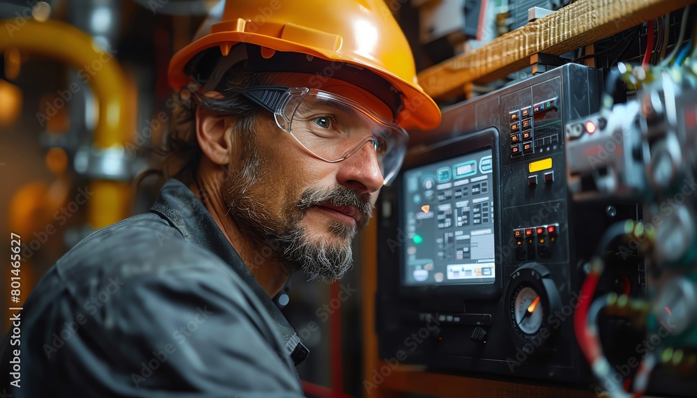 Vivid detail of an electrician programming a smart meter installation ...
