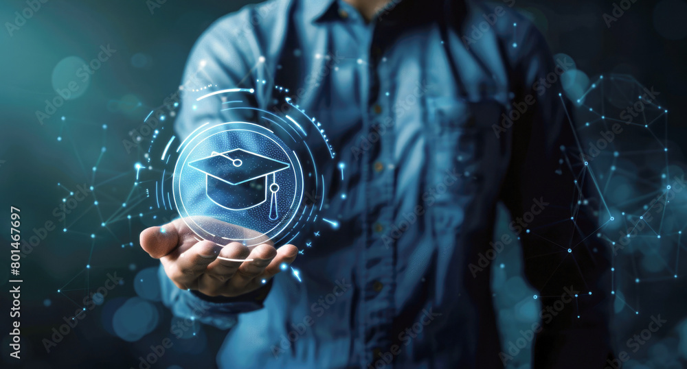 Visual representation of a graduate education certificate. Hands of a ...